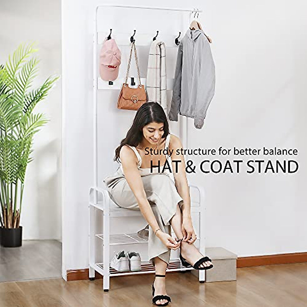 VIVOHOME 3-in-1 Entryway Hall Tree, Heavy Duty MDF Stand Coat Rack with Storage Bench and 8 Hooks, White