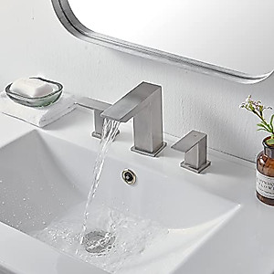 HOTIS HOME Modern 3 Hole Waterfall Bathroom Faucet, Bathroom Faucets for Sink 3 Hole, Brushed Nickel 8-Inch Vanity Faucet, 2 Handle Widespread Bathroom Sink Faucet with Supply Hoses and Drain