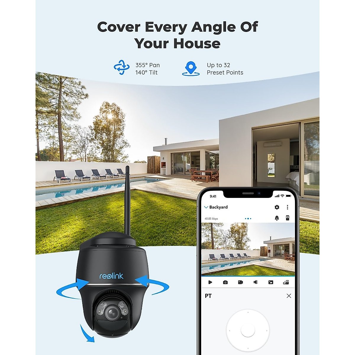 REOLINK 5MP Security Camera System Wireless Outdoor, Pan Tilt Battery Solar Cam with 2.4/5GHz Dual-Band WiFi, Smart Detection, PIR Sensor, 2-Way Talk, Argus PT with Solar Panel+128GB SD Card