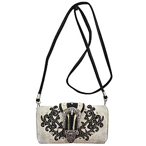 Western Style Tooled Leather Buckle Concealed Carry Purse Country Handbag Women Shoulder Bag Wallet Set (Beige Set)