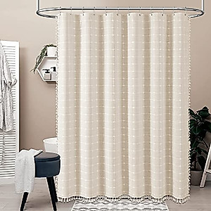 BTTN Boho Farmhouse Shower Curtain - Linen Rustic Heavy Duty Fabric Shower Curtain Set with Tassel, Water Repellent, Modern Bohemian French Country Thick Bathroom Shower Curtains - Cream/Beige, 72x72