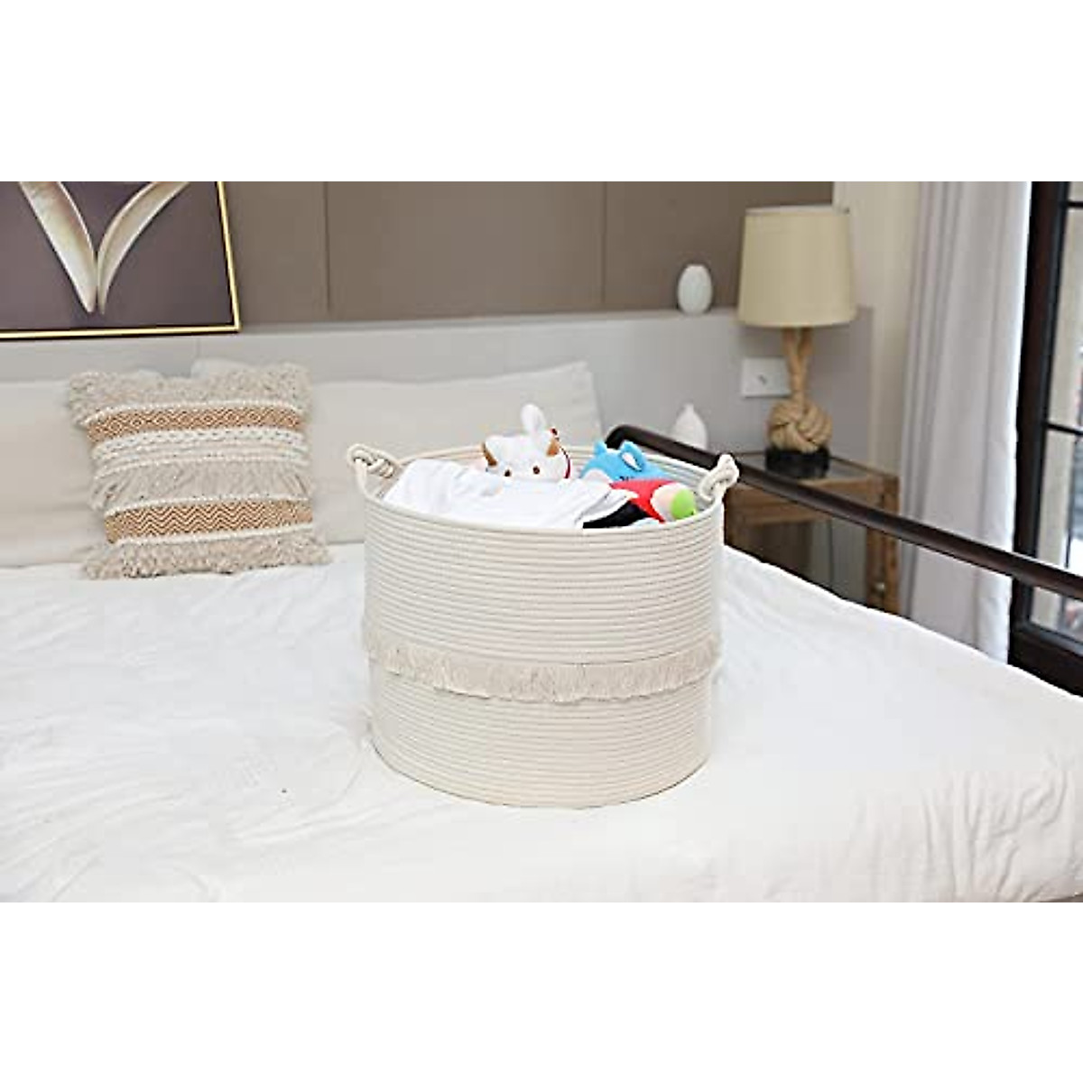 18" x 15" Large Woven Storage Baskets, Cotton Rope Decorative Hamper for Clothes, Blankets, and Laundry, Cute Tassel Decor - Home Storage Container - All White