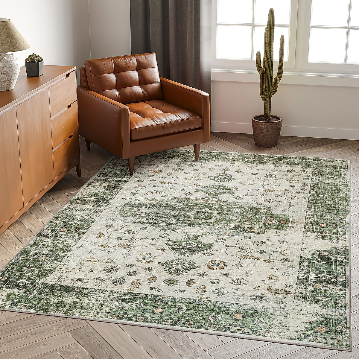 Valenrug Washable Rug 8x10 - Ultra-Thin Antique Collection Area Rug, Stain Resistant Rugs for Living Room Bedroom, Distressed Vintage Rug(TPR35-Green, 8'x10')
