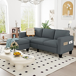 ZeeFu Convertible Sectional Sofa Couch,Classic 3 Seat L-Shaped Sofa with Movable Ottoman, Modern Dark Grey Velvet Fabric Upholstered Small Sectional Sofa Couch for Small Apartment Living Room Office
