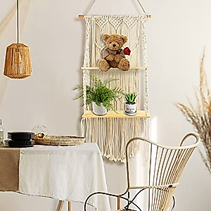 Macrame Wall Hanging Shelf, 2 Tier Boho Hanging Shelves for Wall, Floating Wood Shelves with Handmade Woven Rope for Small Plants, Books Photos, Bohemian Decor for Living Room, Bedroom, Bathroom