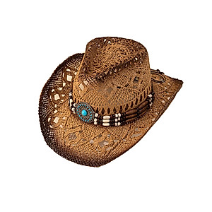 QWINEE Ombre Bead Decor Hollow Out Cowboy Hat Straw Cowboy Cowgirl Hats Summer Beach Sun Hat for Women Men Khaki one-Size