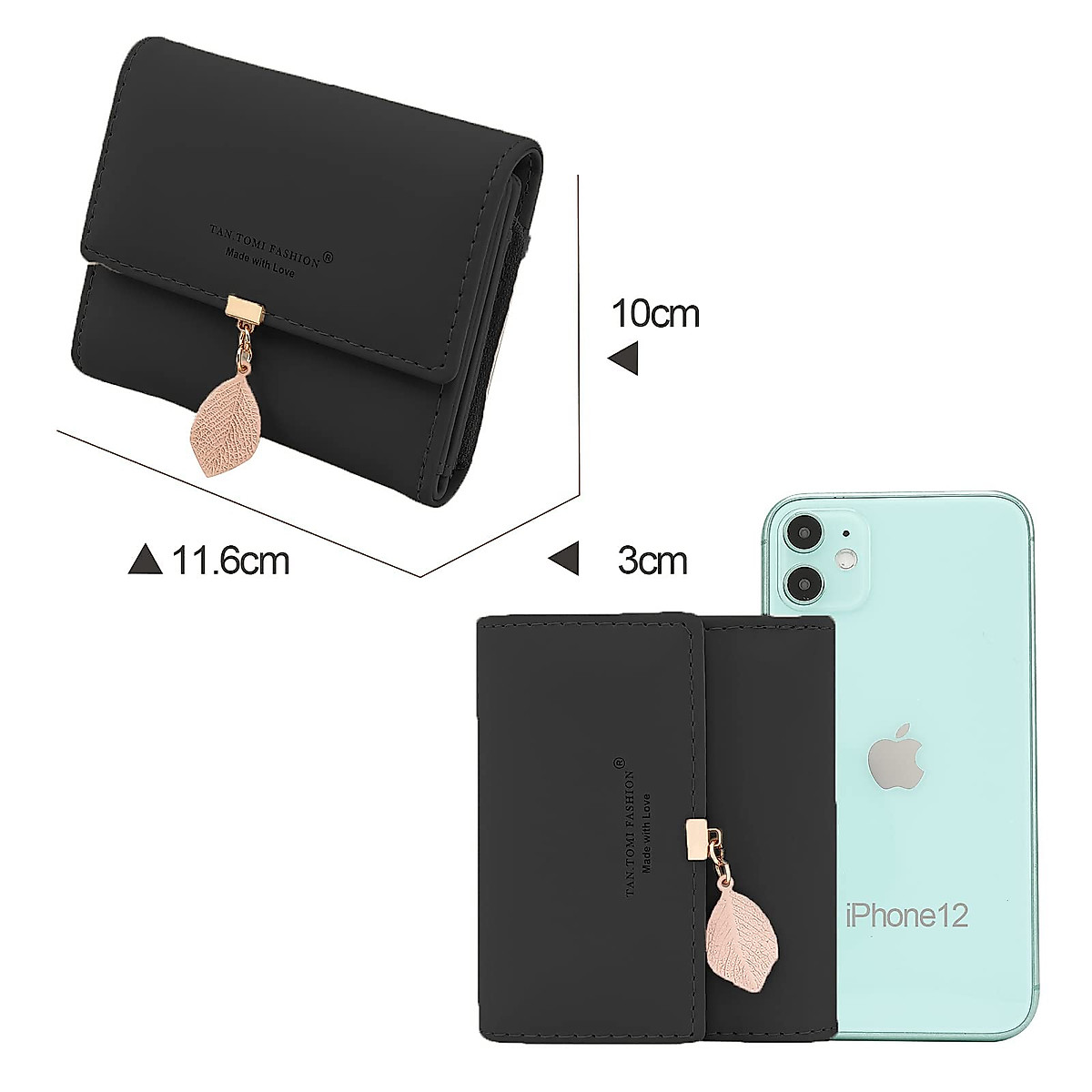 CALIYO Wallets for Women, Leaf Card Holder Trifold Small Wallets for Women , Silm Wallets Zipper Coins Pocket with ID Window,Black