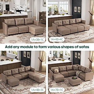 LLappuil Modular Sectional Sofa, Convertible U Shaped Couch with Storage, Faux Leather Fabric Waterproof Sectional Couch for Living Room, 111.8" Width, 6 Seat Modular Sofa, Cognac Brown