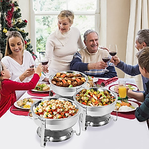 BriSunshine 3 Packs Round Chafing Dish Buffet Set, 4 QT Stainless Steel Chafing Dishes with Glass Lid & Lid Holder, Catering Food Warmers for Parties Buffet Weddings Events