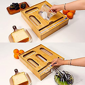 Mchenxin 5 in 1 Wrap Dispenser with Cutter and Labels,Bamboo Ziplock Bag,Plastic Wrap, Aluminum Foil and Wax Paper Dispenser for Kitchen Drawer, Bamboo Roll Organizer Holder