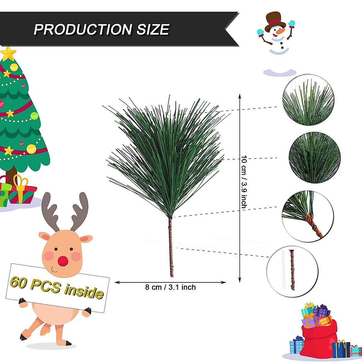 SUJIUJIU 60PCS 3.9"X3.1"Artificial Pine Needles Branches-Small Green Twigs Stems Picks-Fake Greenery Picks for Christmas Garland Wreath Embellishing and Home Holiday Garden Decoration