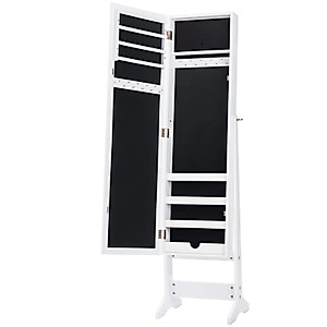 Giantex Jewelry Cabinet with Full-Length Mirror, Standing Jewelry Armoire Organizer with 64 Earring Slots, 72 Ring Slots, 20 Necklace Hooks, 4 Storage Shelves, 3 Angle Adjustable (White)