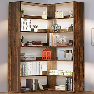 4 EVER WINNER Corner Bookshelf with LED Light, 7 Tiers Wooden Large Corner Bookcase, 71" Tall Corner Etagere Bookcase Book Shelf Display Rack for Home Office Living Room