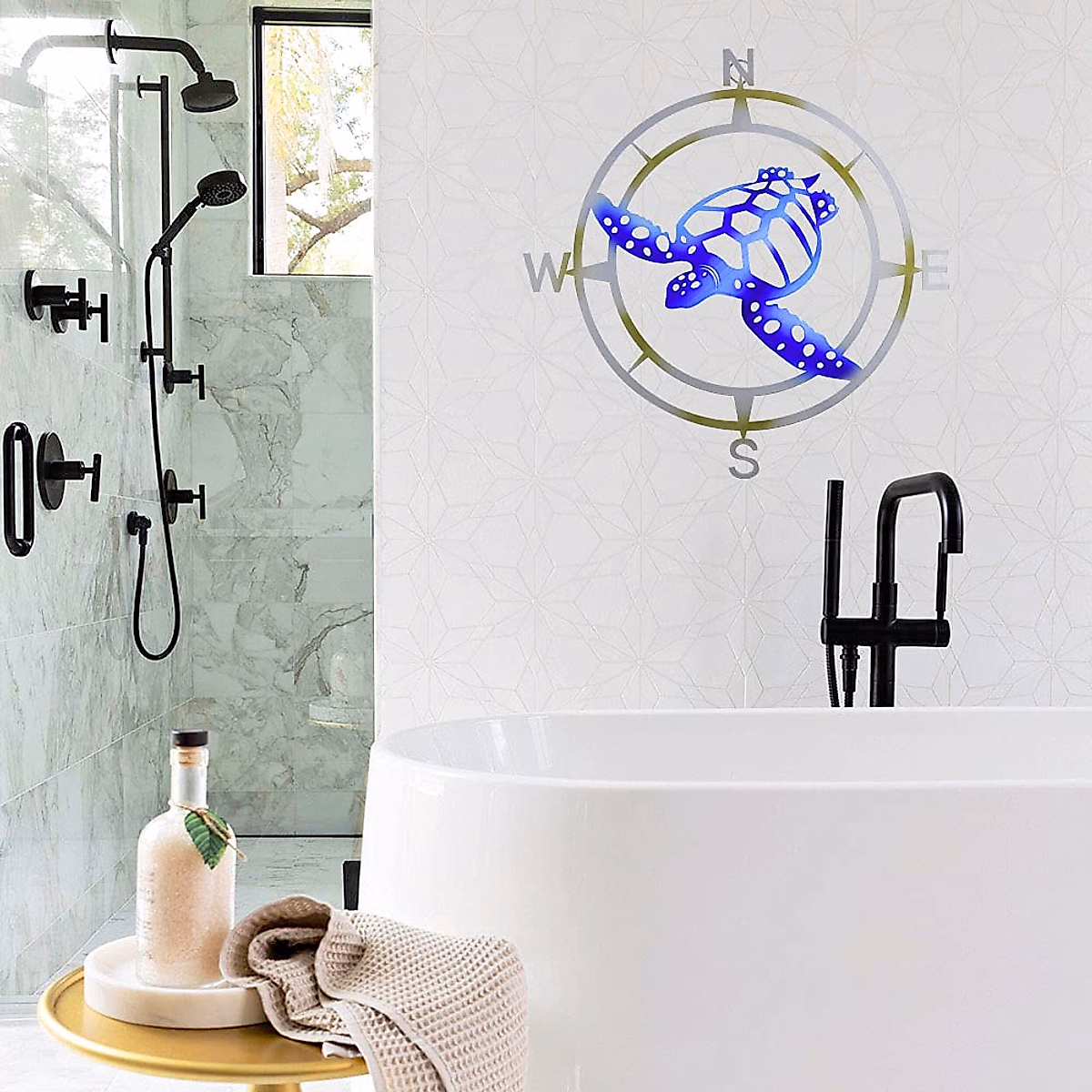 SVEIKS Sea Turtle Wall Art Decor, 15.75" Ocean Themed Round Metal Compass for Indoor Outdoor Living Room Bathroom Hallway Garden Deck