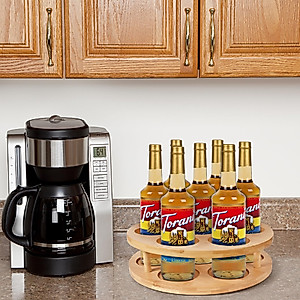 Actororp Rotating Coffee Syrup Organizer, 7 Bottles Coffee Syrup Rack, Wooden Countertop Syrup Bottle Rack for Coffee Bar Station, Carousel Wine Display Tray