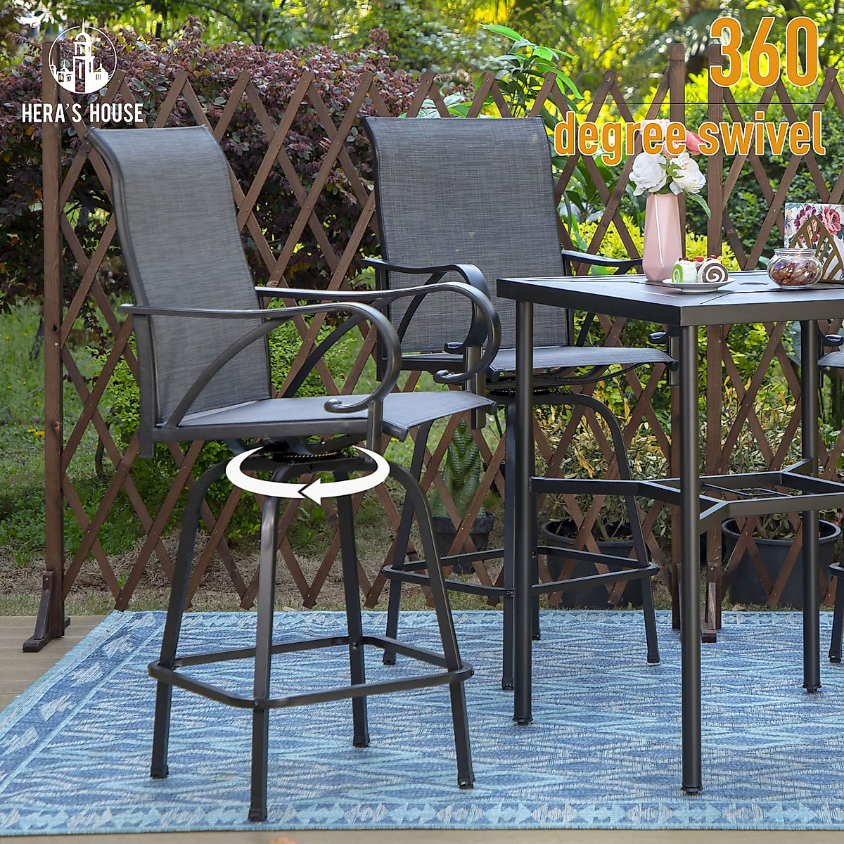 HERA'S HOUSE Patio Bar Stools Set of 2, Outdoor Swivel Bar Height Patio Chairs with Solid Back & Armrest, All Weather Textilen Fabric High Top Chair for Lawn Garden, Grey