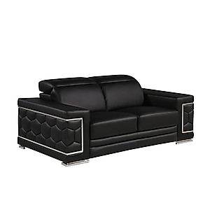Blackjack Furniture Soren Genuine Leather Upholstered Loveseat with Adjustable Headrests, Solid Brazilian Wood Frame and High Density Foam Cushioning, Black