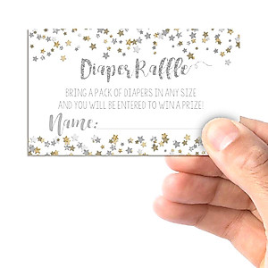 Amanda Creation Gold & Silver Twinkle Little Star Gender Neutral Diaper Raffle Tickets for Baby Showers, 20 2" X 3” Double Sided Inserts, Bring a Pack of Diapers to Win Favors & Prize