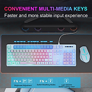 HUO JI Gaming Keyboard USB Wired with Rainbow LED Backlit, Floating Keys, Mechanical Feeling, Spill Resistant, Ergonomic for Xbox, PS Series, Desktop, Computer, PC, Purple Blue