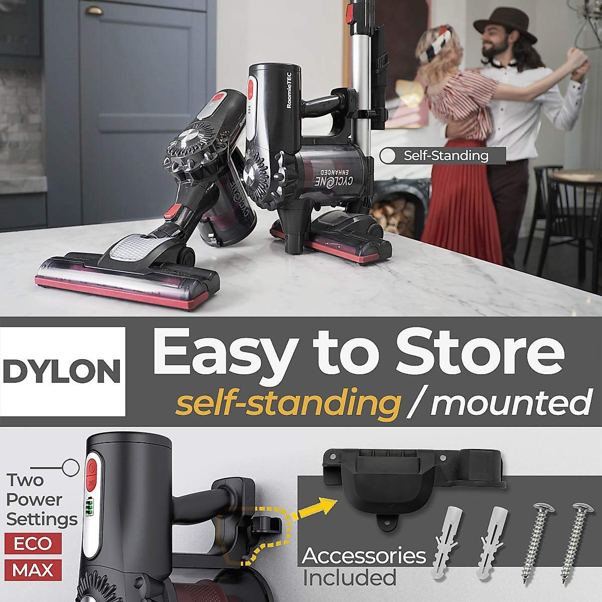 Roomie Tec Dylon Cordless Stick Vacuum Cleaner, Self-Standing, Up to 25min, Advanced Filtration System