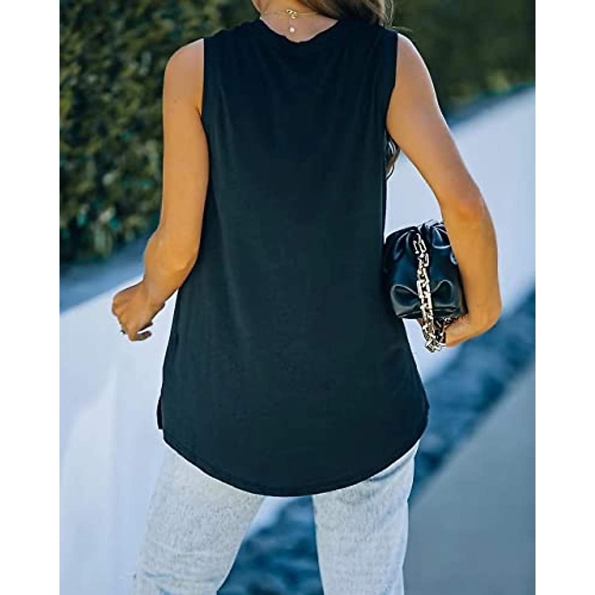 Dressmine Women's Tank Tops Loose Fit Crew Neck Sleeveless Summer Top Shirts Side Split Tunic Black XX-Large