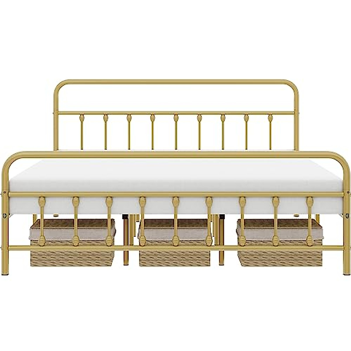 Topeakmart California King Size Victorian Style Metal Bed Frame with Headboard/Mattress Foundation/No Box Spring Needed/Under Bed Storage/Strong Slat Support Antique Gold