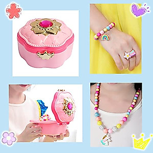 Zubumdy Kids Musical Jewelry Box With Light Unicorn Jewelry Set, Toddlers Jewelry Gift Set Girls Pretend Play Princess Dress Up Necklace Bracelet Ring Dreamy Pink