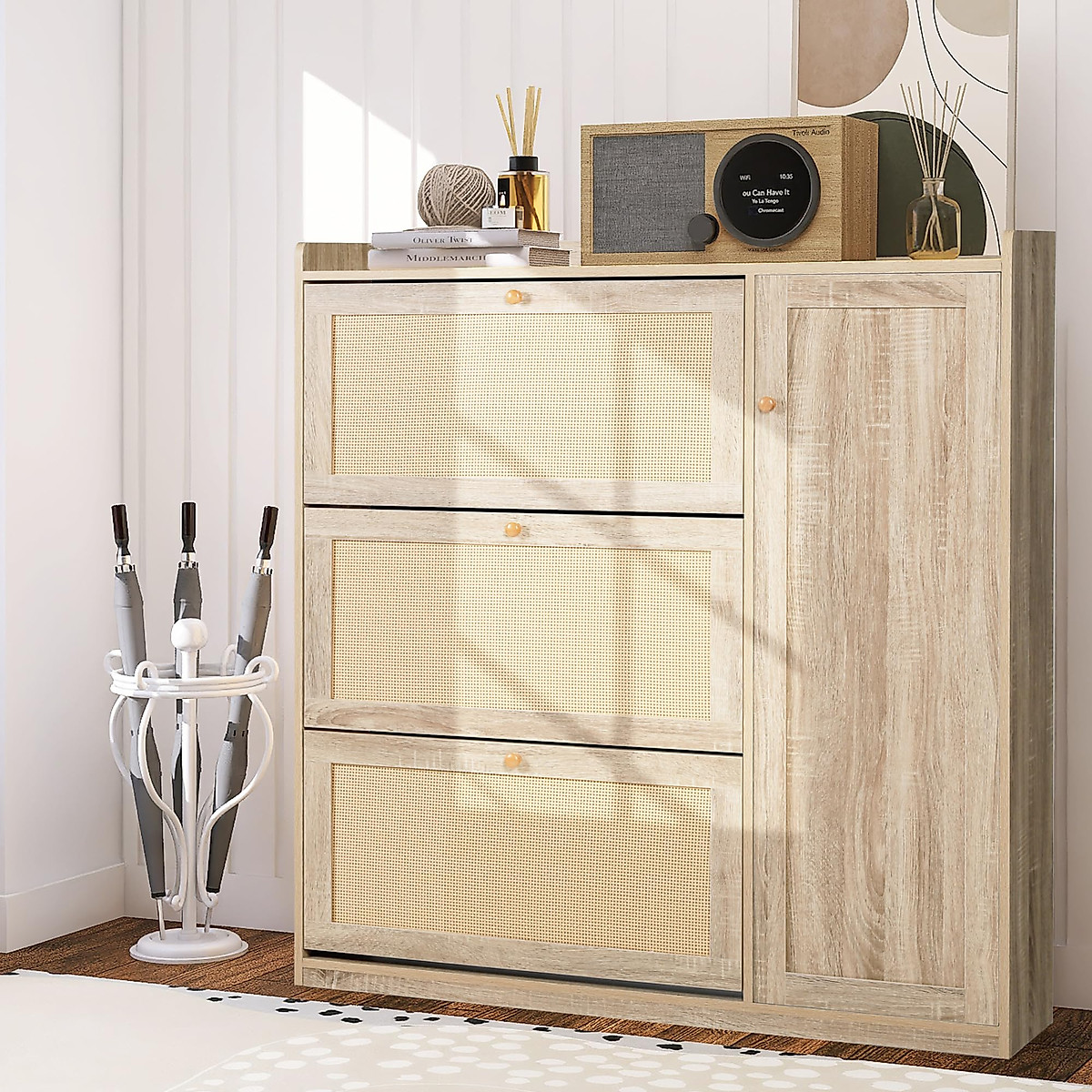 FUQARHY Shoe Cabinet with 3 Flip Drawers & Doors, Modern Slim Shoe Storage Cabinet Free Standing Shoe Organizer Shoe Rack for Boot, Sneaker, Entryway Narrow Shoe Storage for Hallway Living Room