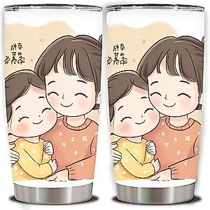 FOCIUZTA 20oz Whimsical Mother and Daughter Hug Tumbler with lid, Travel Coffee Cup, Ideal for Easter, Mother Day, and birthday gifts