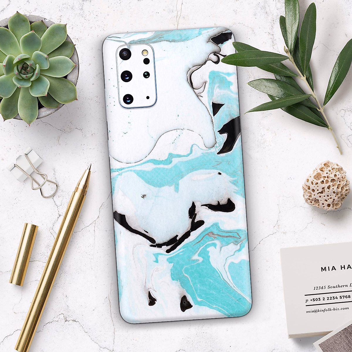 DesignSkinz Black and Teal Textured Marble 2 Protective Vinyl Decal Wrap Skin Cover Compatible with The Samsung Galaxy S20 (Screen Trim & Back Glass Skin)