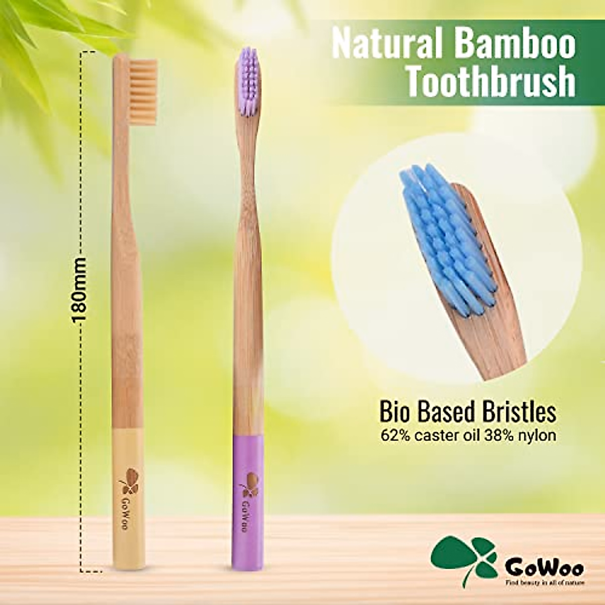 GoWoo 100% Natural Bamboo Toothbrush Soft - Organic Eco Friendly Toothbrushes with Soft Nylon Bristles, BPA-Free, Biodegradable, Dental Care Set (Pack of 4, Adult, Rainbow)