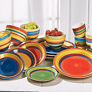 BrylaneHome Santa Fe Hand-Painted Striped Stoneware Dinnerware, Multi Stripe Pink