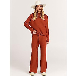 ANRABESS Women's 2 Piece Sweater Lounge Set Creneck Long Sleeve Ribbed Knit Pullover Crop Top and Straight Pants 582shenxiuhong-S Rust