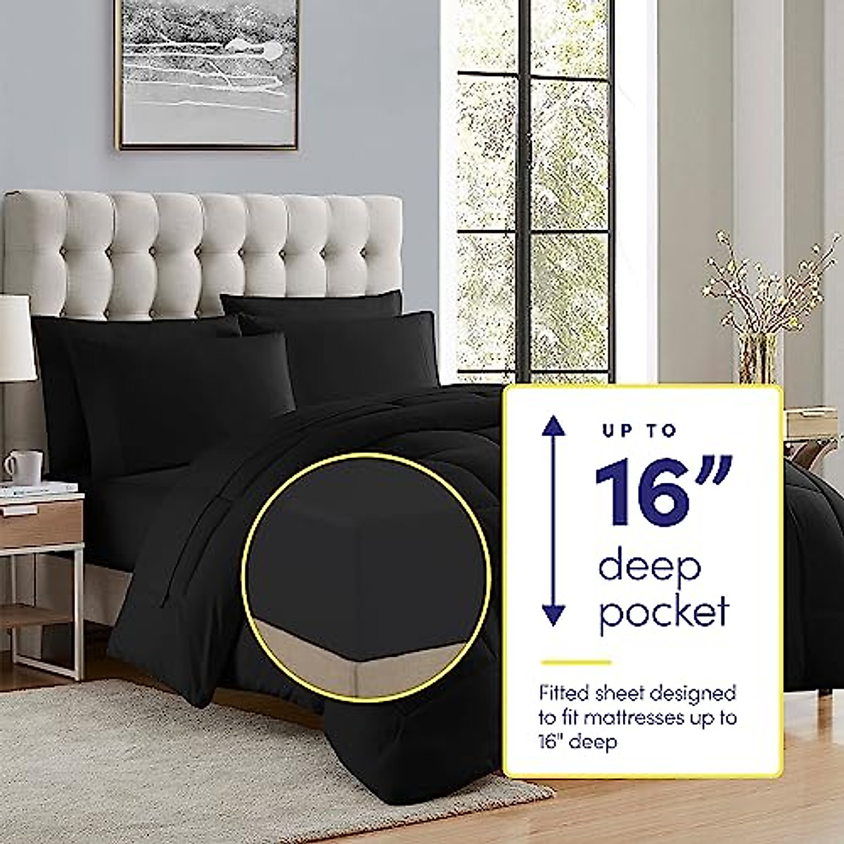 Sweet Home Collection 7 Piece Comforter Set Bag Solid Color All Season Soft Down Alternative Blanket & Luxurious Microfiber Bed Sheets, Black, Full