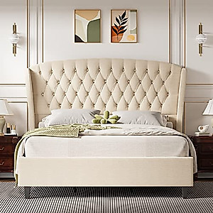 Jocisland Upholstered Bed Frame King Size Platform Bed Linen Deep Button Tufted Handmade Headboard Shell Wingback/No Box Spring Needed/Wood Slats(Beige)