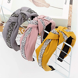 kalyn 3Pcs Fashion Rhinestone Diamond Headbands,satin knot headbands Hair Bands Glitter Hairband for Women Girls Hair Accessories(Yellow, pink, gray colors)