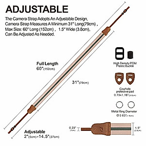 Beige Pink Stripe Camera Strap -Double Layer top-grain Cowhide Ends,1.5"Wide Pure Cotton Woven Camera Strap,Adjustable Universal Neck & Shoulder Strap for All DSLR Cameras,Great Gift for Photographers