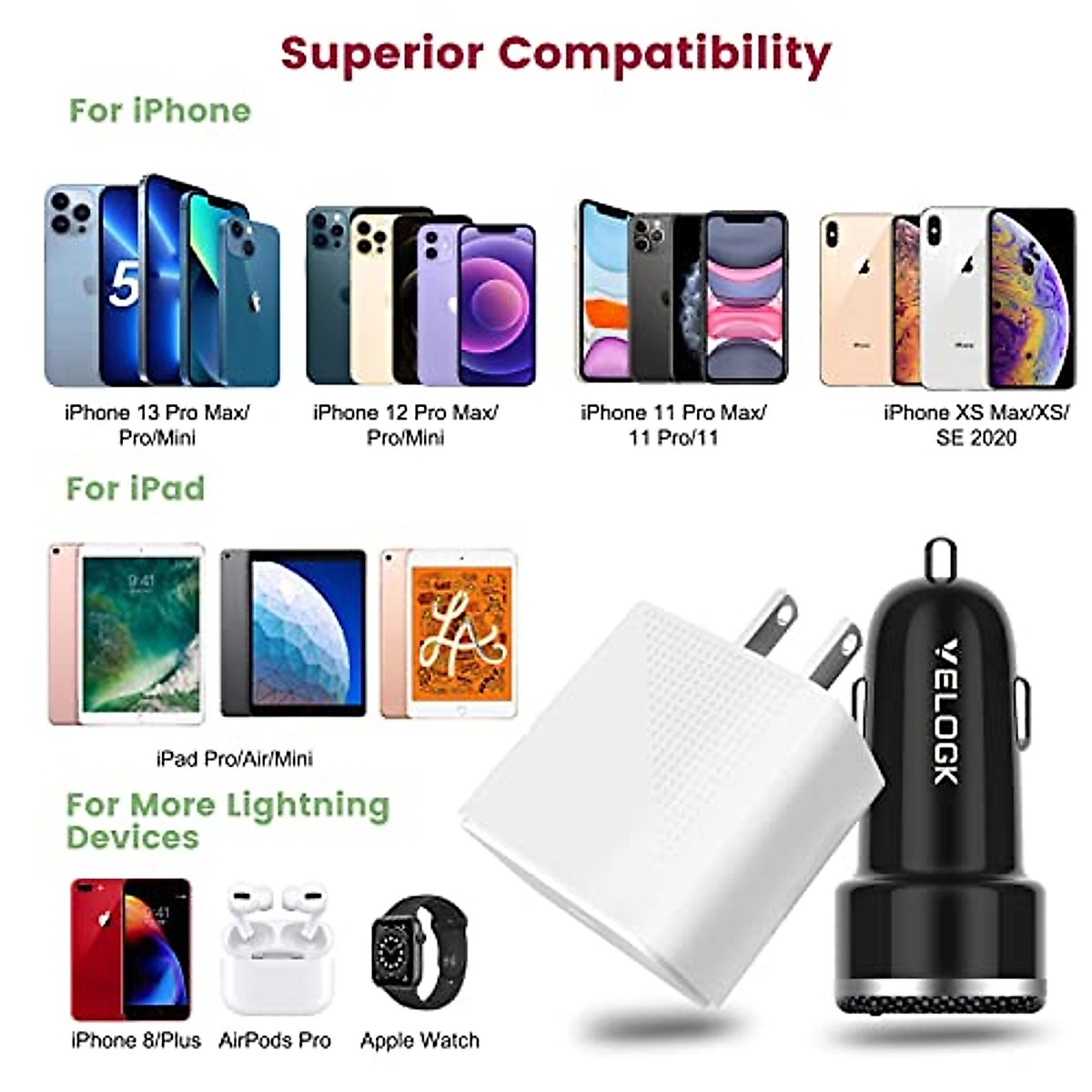 iPhone 13 14 12 Fast Charger Kit, VELOGK 20W USB C PD Wall/Car Charger Adapter for iPhone 14/13/12/Pro/Max/Mini/11/Xs Max/XR/X, iPad Pro/Air, with 2X【Apple MFi Certified】iPhone Lightning Cables(3.3ft)
