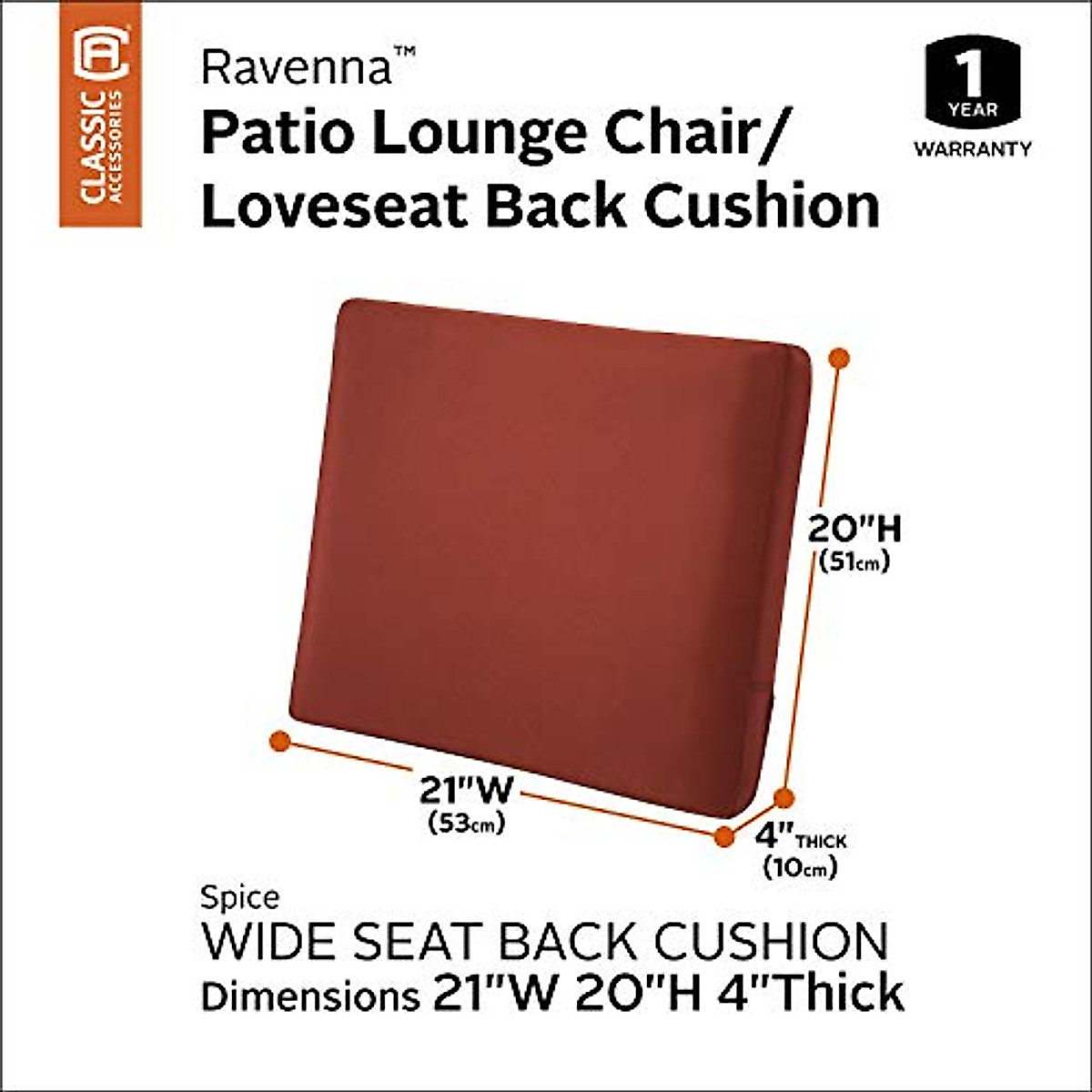 Classic Accessories Ravenna Water-Resistant 21 x 20 x 4 Inch Patio Back Cushion, Spice, Outdoor Loveseat Cushions