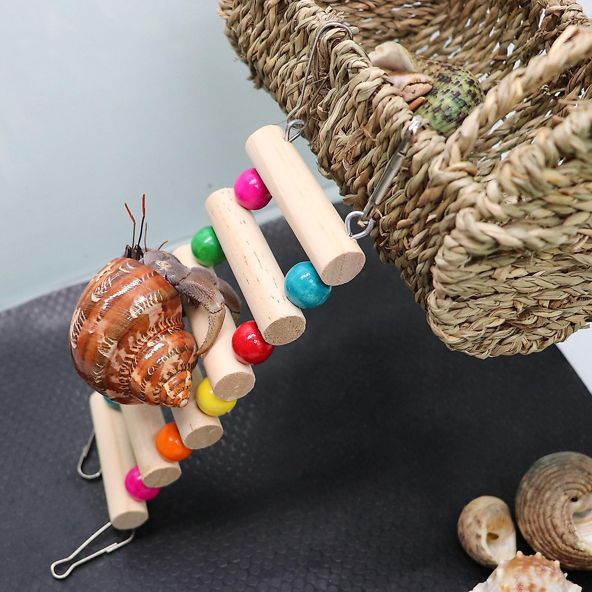 Hermit Crab Hideout with Ladder, Wooden Hermit Crab Climbing Toys, Aquariums Ladder Bridge Ramp Toy, Small Animals Tank or Cage Accessories, Habitat for Hermit Crab Hamsters Rats Birds Parrots