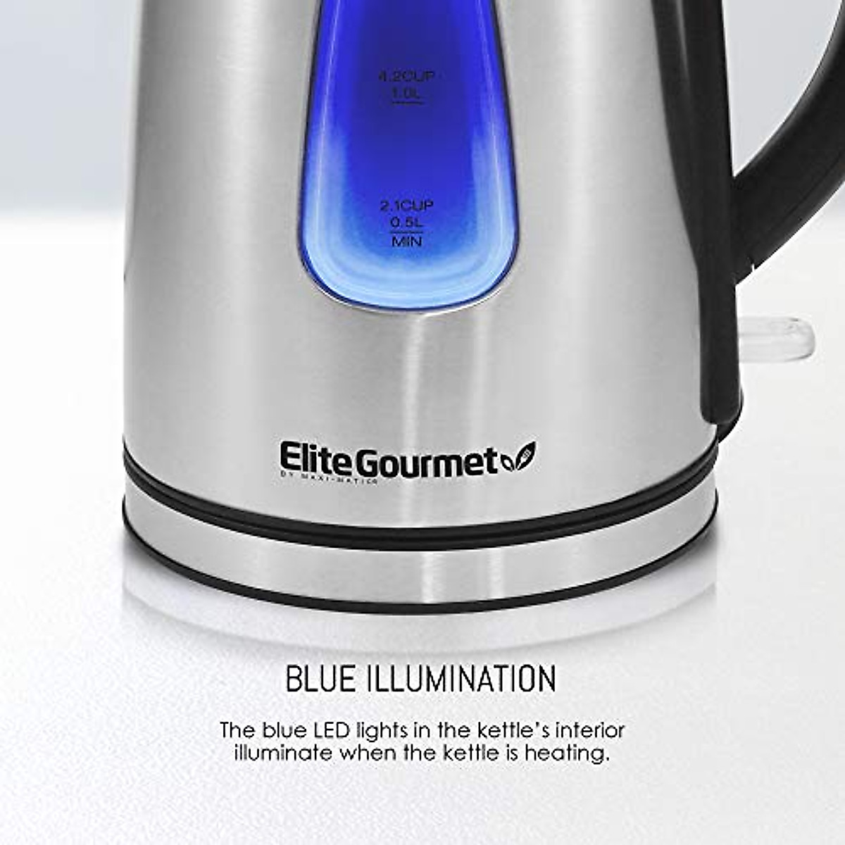Elite Gourmet EKT-1271 Ultimate 1.7 Liter Electric Kettle – Stainless Steel Design & Cordless 360° Base, Stylish Blue LED Interior, Handy Auto Shut-Off Function – Quickly Boil Water For Tea & More