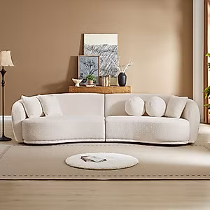 WILLIAMSPACE 124.4" Modern Curved Sofa Couch for Living Room, Oversized Upholstery Boucle Sofa Couch with 5 Throw Pillows, Luxury 5-Seat Teddy Boucle Sectional Curved Couch for Apartment (Beige)