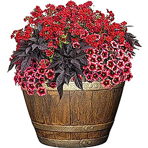 Classic Home and Garden Whiskey Plastic Resin Flower Pot Barrel Planter, 15", Oak Brown (2 Pack)