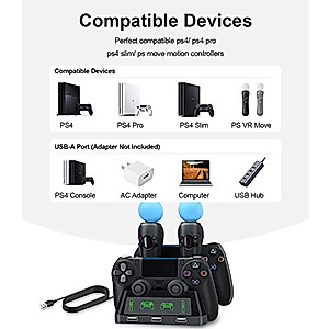 PS4 Controller Charging Dock Station, 4 in 1 PS VR Motion Move Controller Charger Station, Fast Playstation 4 Controller Charger with LED Indicator Compatible with PS4/Slim/PS4 Pro/PS VR Charging Dock