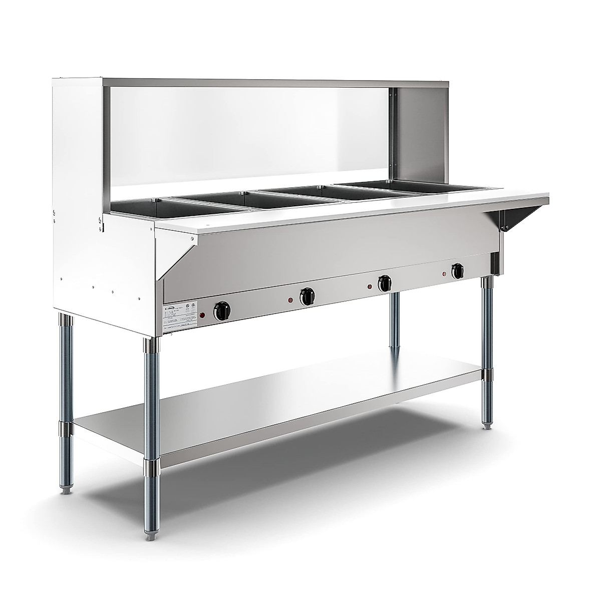 KoolMore 4-Pan Open Well Commercial Electric Stainless Steel Steam Table Food Warmer for Buffets with Sneeze Guard, Overshelf, Undershelf, Warming Control Knobs [120V] (KM-OWS-4SG), Silver