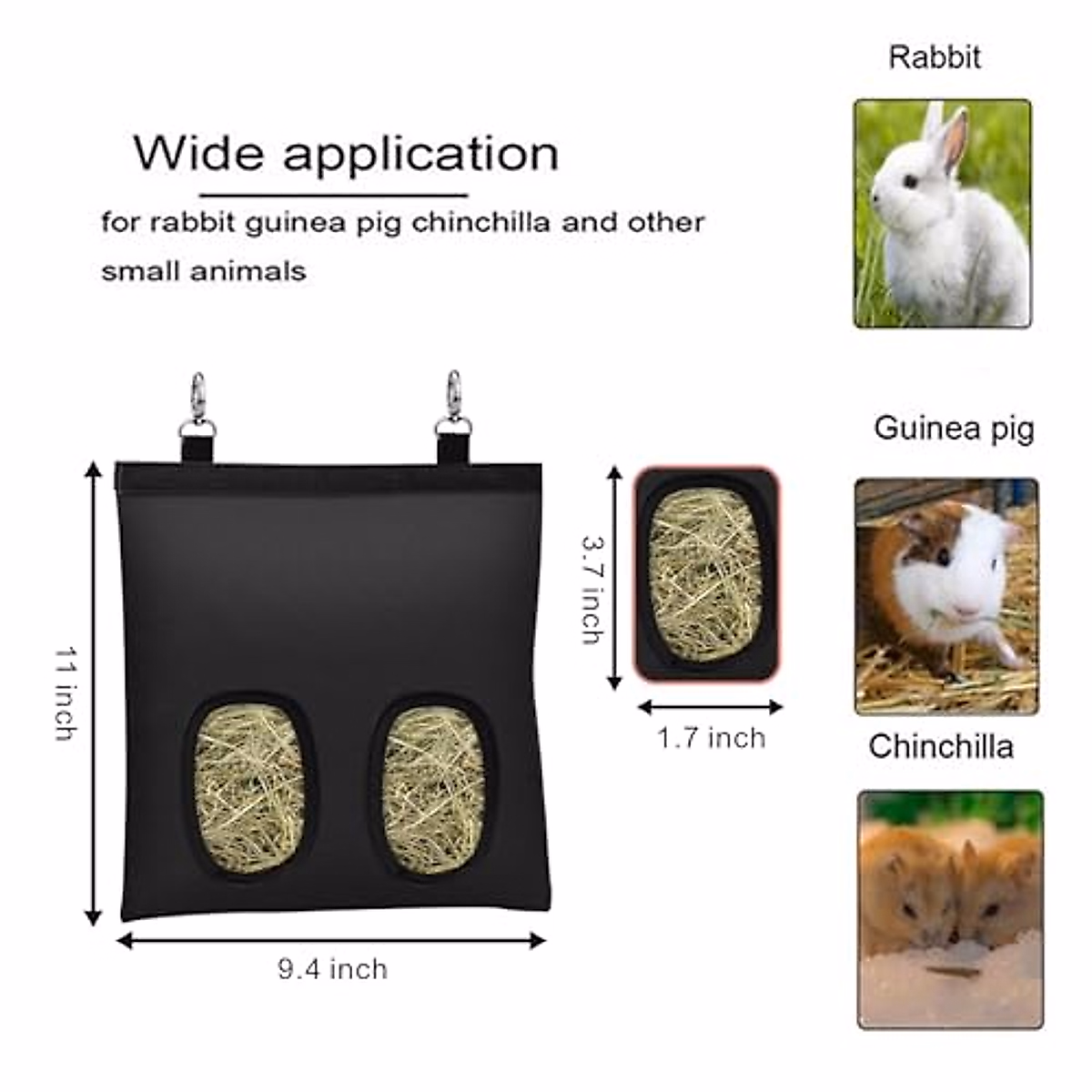 Lemcrvas Hay Feeder Bag, 2Pcs - 600D Oxford Cloth, 11x9.4in, 2 Holes, for Rabbit, Guinea Pig, Hamster, Chinchilla, Holds Large Hay, Reduces Mess, Easy to Use