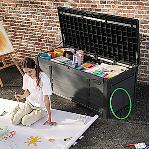 DWVO Outdoor Louver Storage Deck Box w/120 Gallon Capacity, Large Storage Box for Outdoor Pillows, Garden Tools and Pool Supplies, Resin, Waterproof, Lockable (Black)