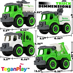 TeganPlay Take Apart Toys for 3 Year Old Boys | 4 Trucks Garbage - Sanitation Series with Screwdriver | Toddler Stem Kids Building Toy