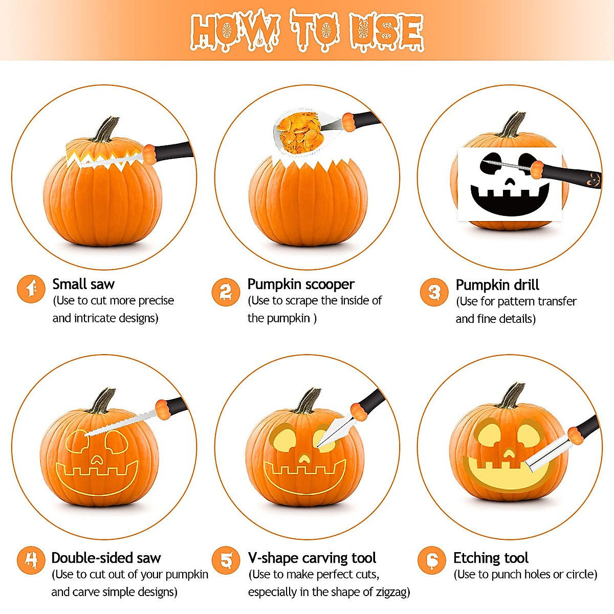 Sakmilu Halloween Pumpkin Carving Kit - 6 Pcs Pumpkin Carving Tools Stainless Steel with Stencils Storeage Bag for Halloween Decoration Jack-O-Lanterns