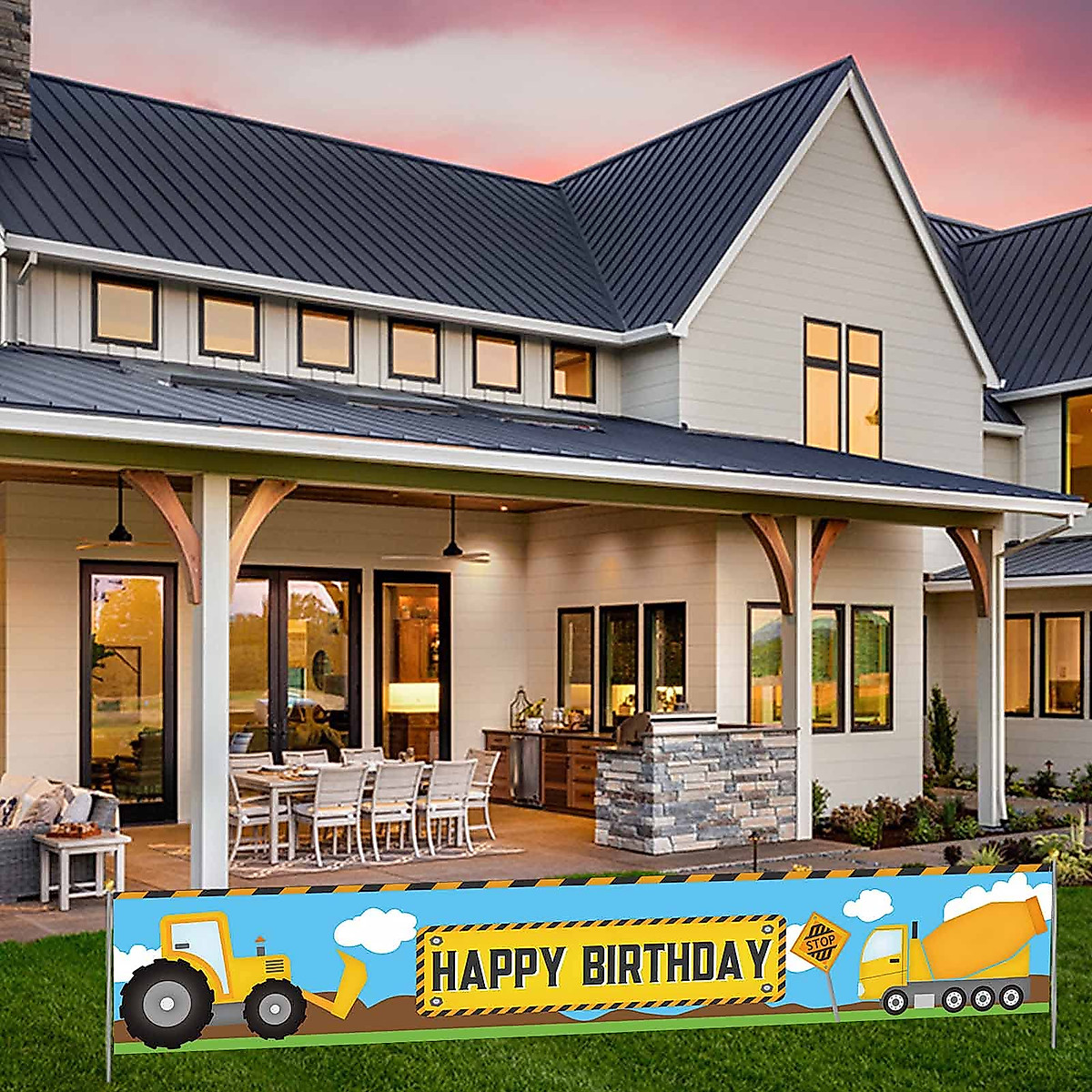 ZDX Construction Theme Happy Birthday Banner 118'' x 20'' Large Indoor Outdoor Decorations Yard Sign Excavator Dump Trucks Boy Birthday Party Banner Supplies Cake Table Photo Background